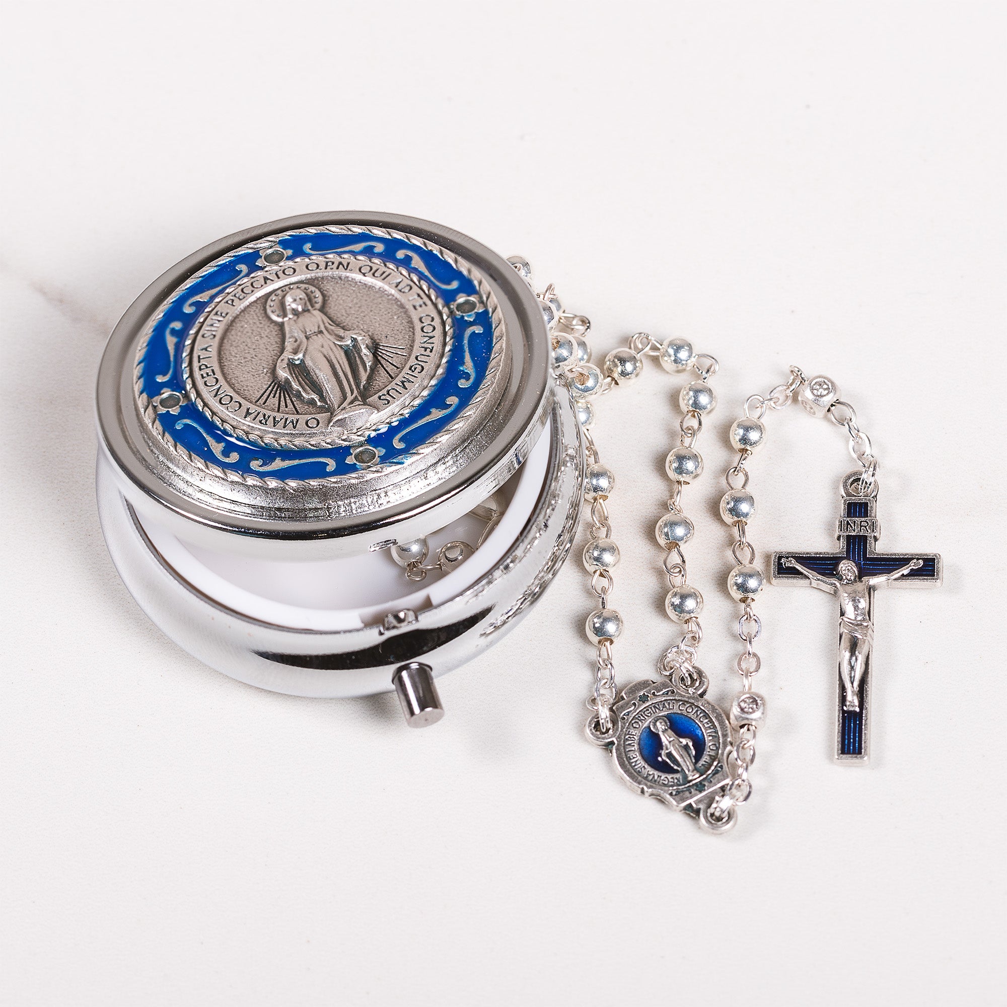 Miraculous Medal & Blue Enamel Rosary with Matching Case - Silver or T ...