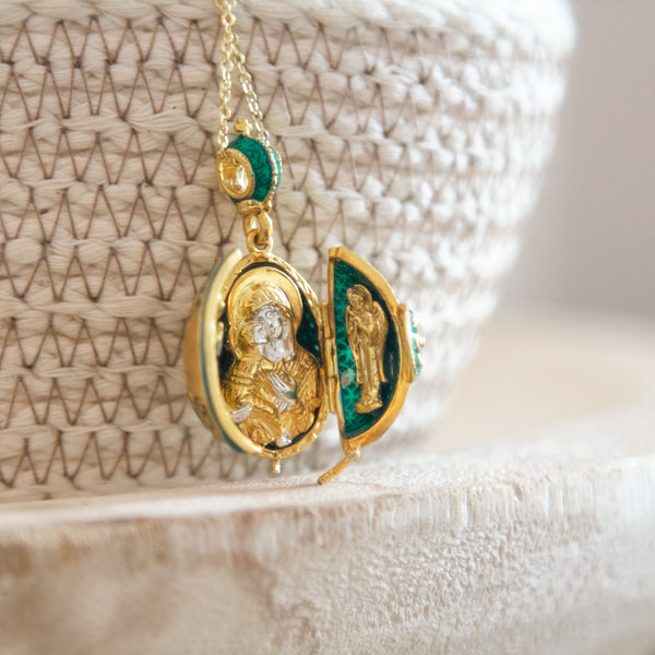 Emerald Green Faberge-Style Egg Locket With Icon and Angels (18" chain ...